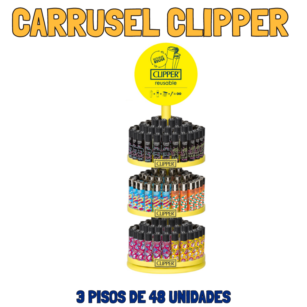 Exhibidor Carrusel Clipper, 3 Pisos de 48 encendedores – 144 unidades – Quema Distribución